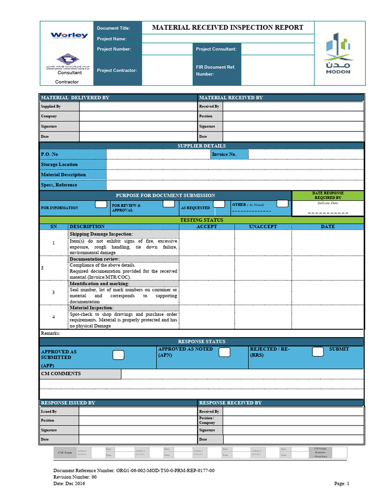 Material Delivered Received Inspection Report | PDF