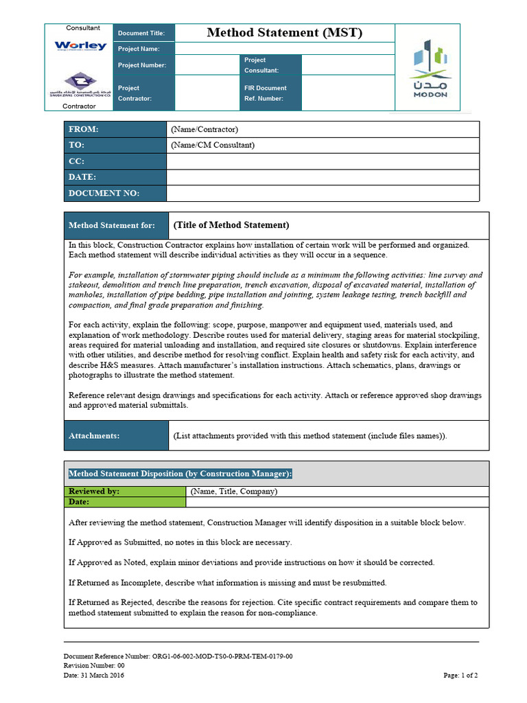 Method Statement Form Template | PDF