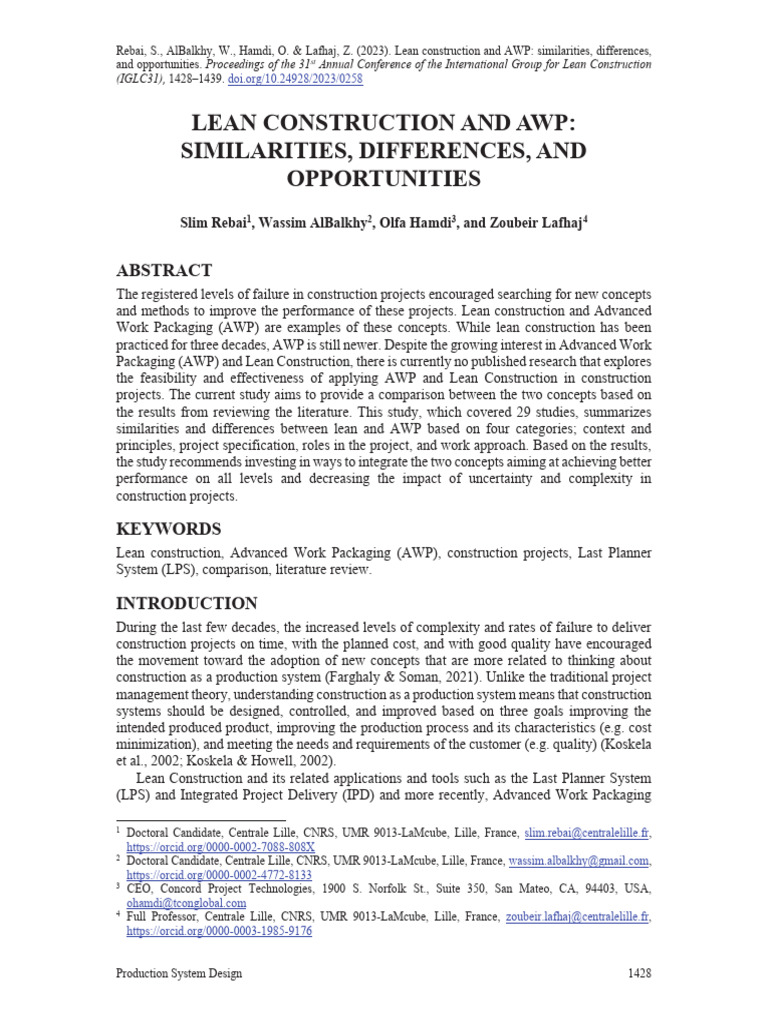 Rebai Et Al. 2023 - Lean Construction and AWP - Similarities, Differences, and Opportunities ...