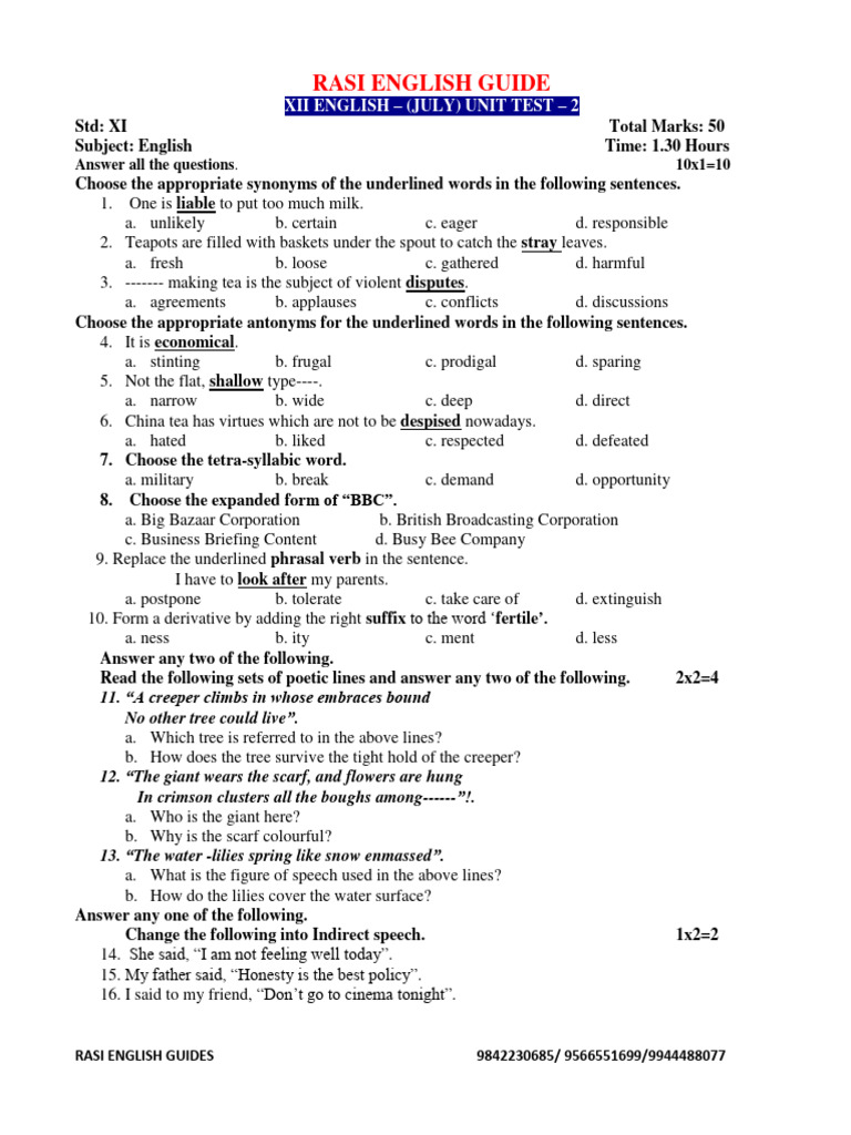 Namma Kalvi 12th English Unit Test Question Paper 221027 | PDF ...