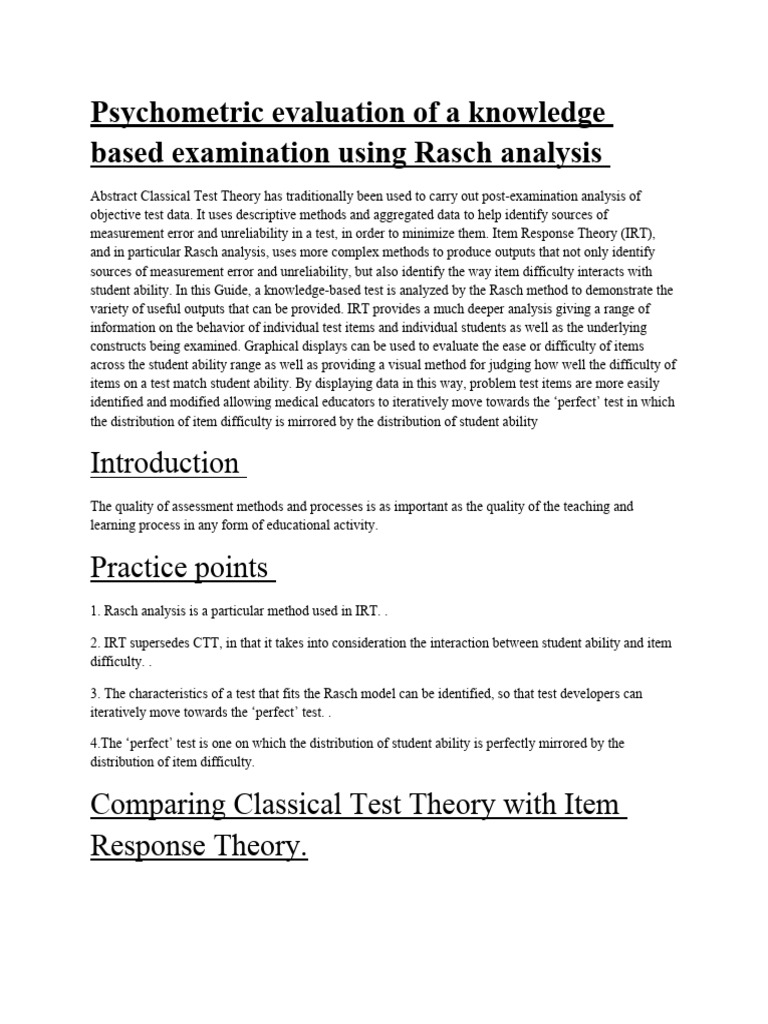 Psychometric Evaluation of A Knowledge Based Examination Using Rasch Analysis | PDF | Cognition ...