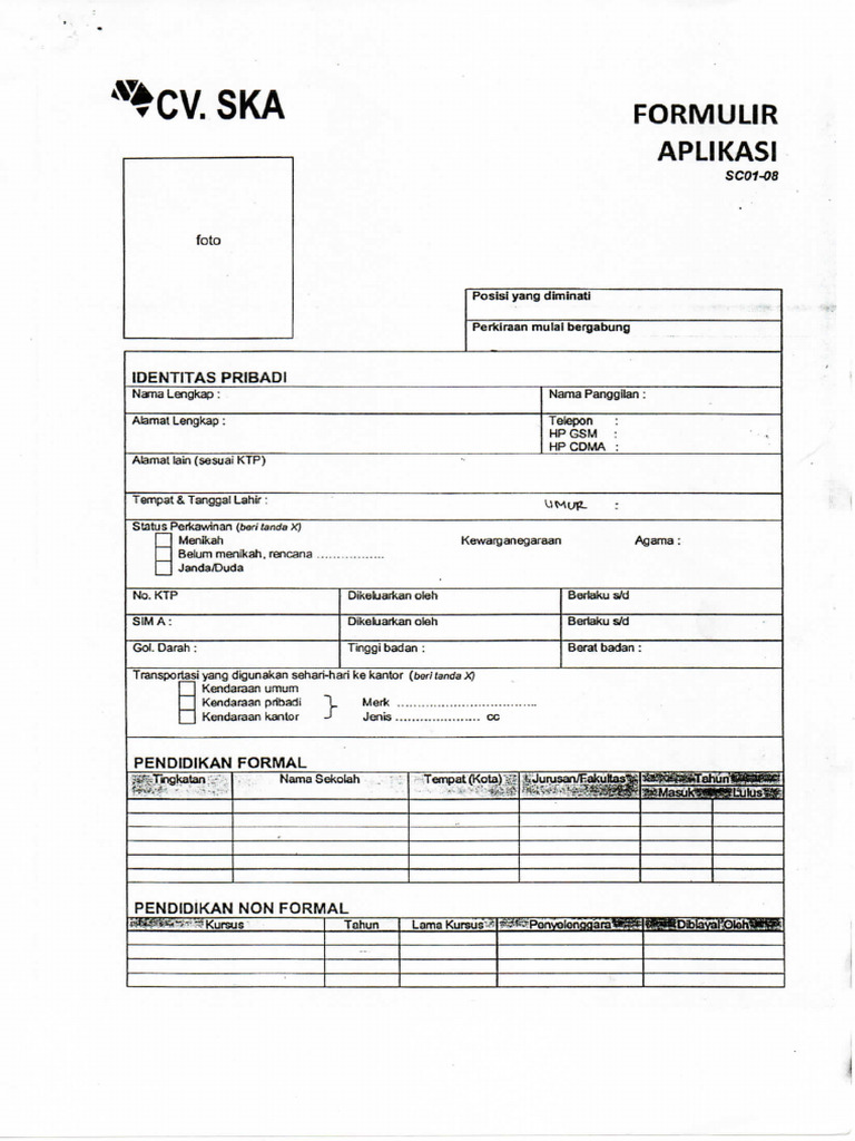 Form Biodata Calon Karyawan - Ska | PDF