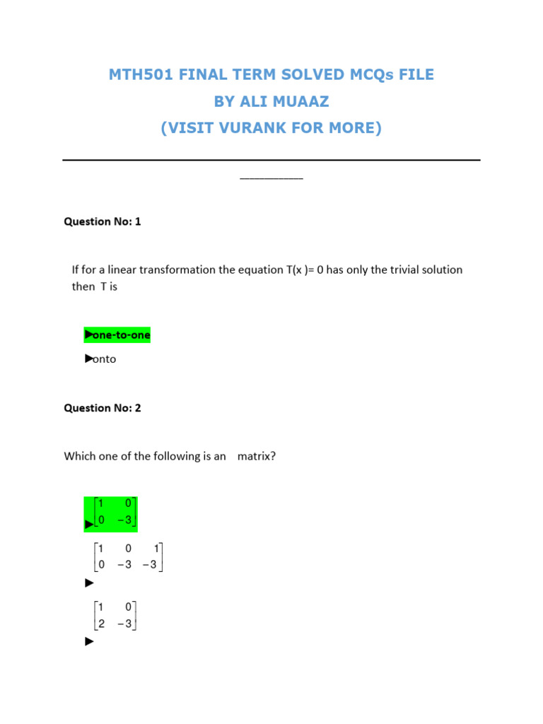 Mth501 Final Term Solved Mcqs File | PDF | Matrix (Mathematics ... Mth501 Final Term Solved Mcqs File | PDF | Matrix (Mathematics ...