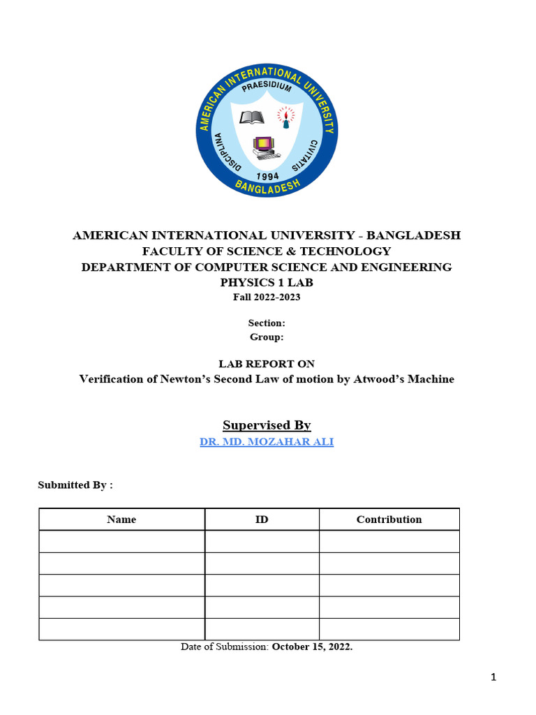 Verification of Newton's Second Law of Motion by Atwood's Machine | PDF ...