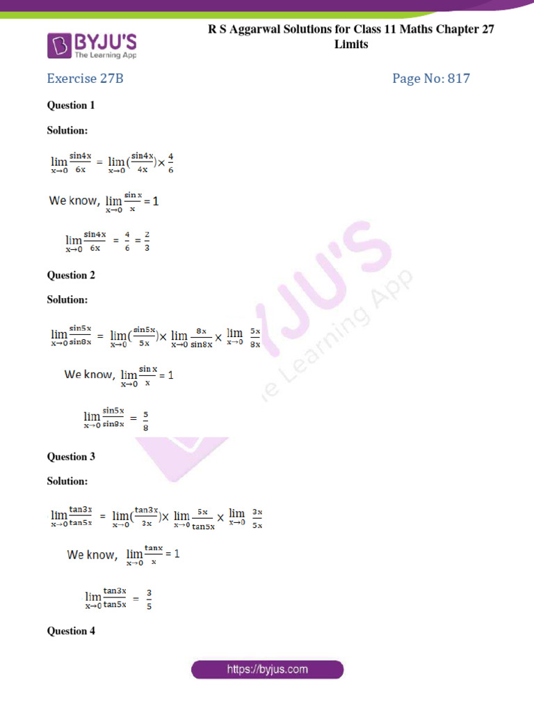 R S Aggarwal Solution Class 11 Maths Chapter 27 Limits Exercise 27B ...