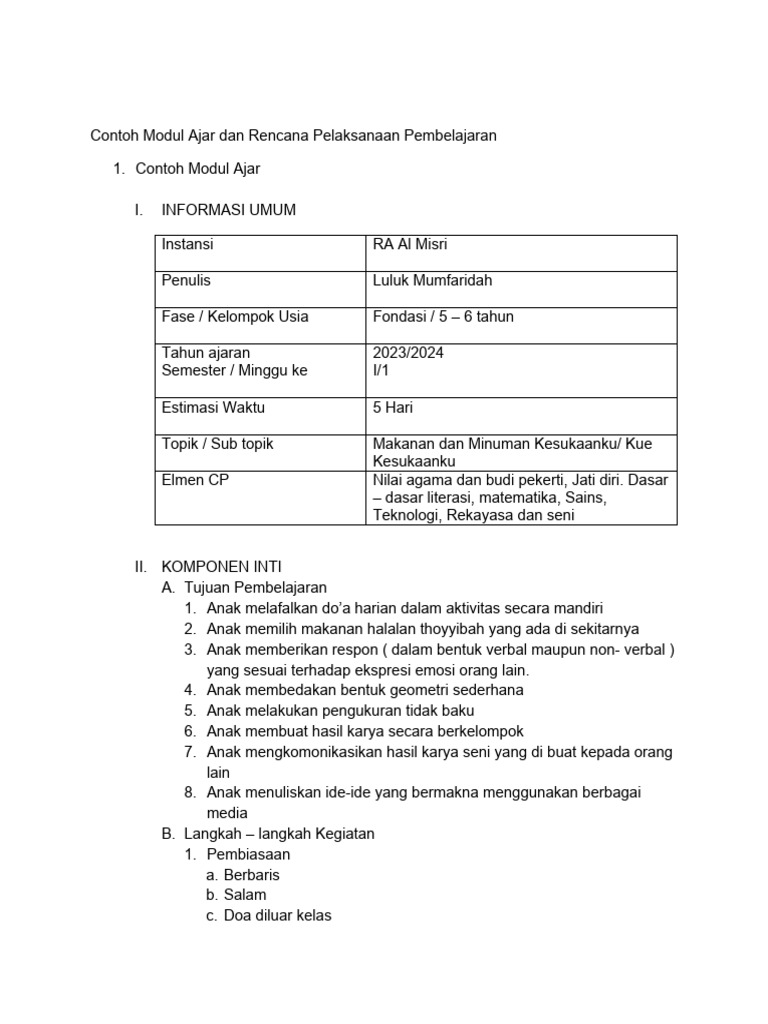 Contoh Modul Ajar Dan Rencana Pembelajaran Di RA | PDF