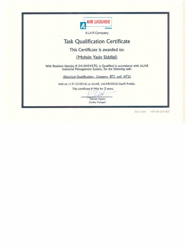 Electrical Qualification Certificate | PDF