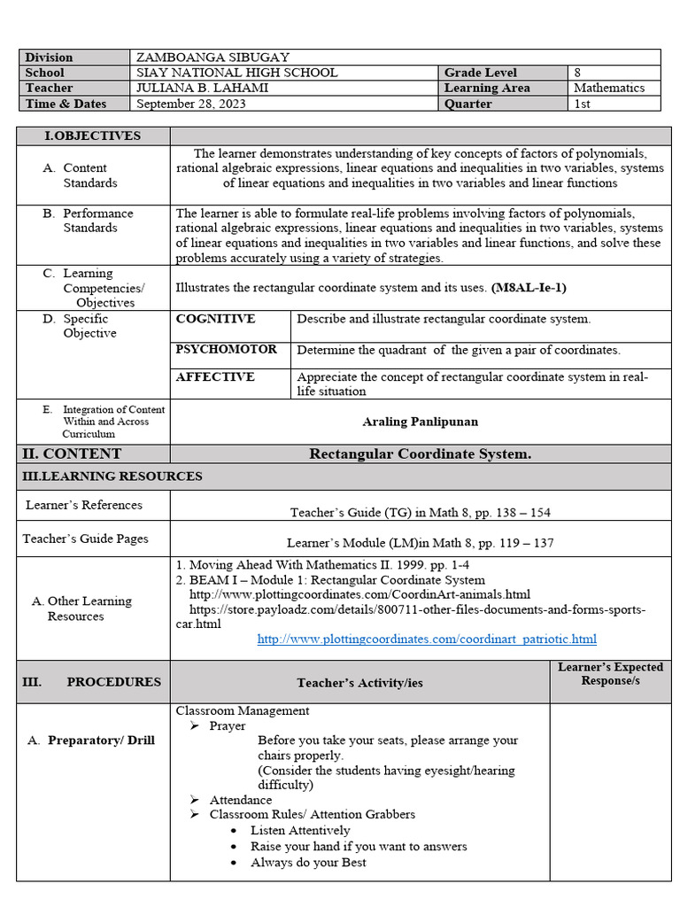 Grade 8 Math: Cartesian Plane Basics | PDF | Cartesian Coordinate ...