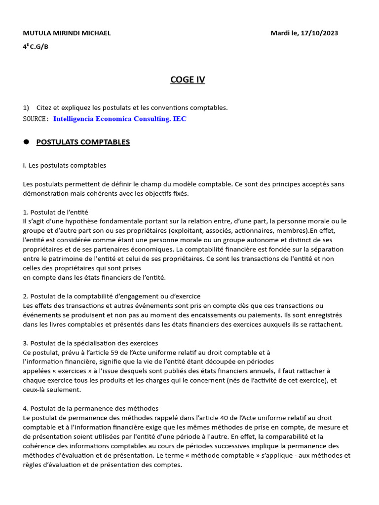 Postulats et conventions comptables | PDF | Comptabilité | Argent