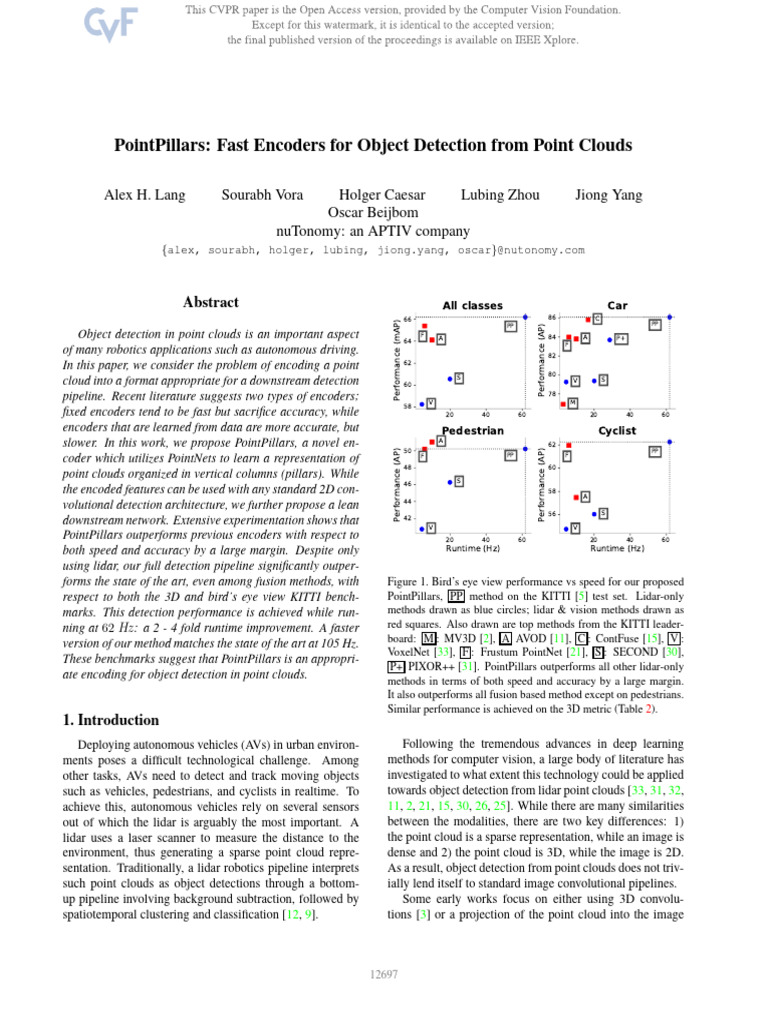 Lang Pointpillars Fast Encoders For Object Detection From Point Clouds Cvpr 2019 Paper Pdf