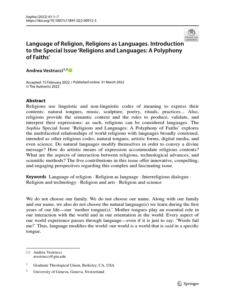 Language of Religion, Religions As Languages. Introduction To The Special Issue Religions and ...