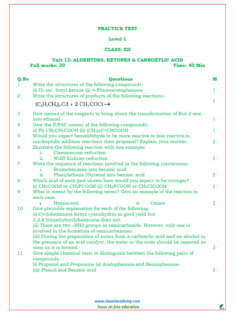 12 Chemistry ChapterTests Chapter 12 Level 1 Test 1 | PDF | Ester ...