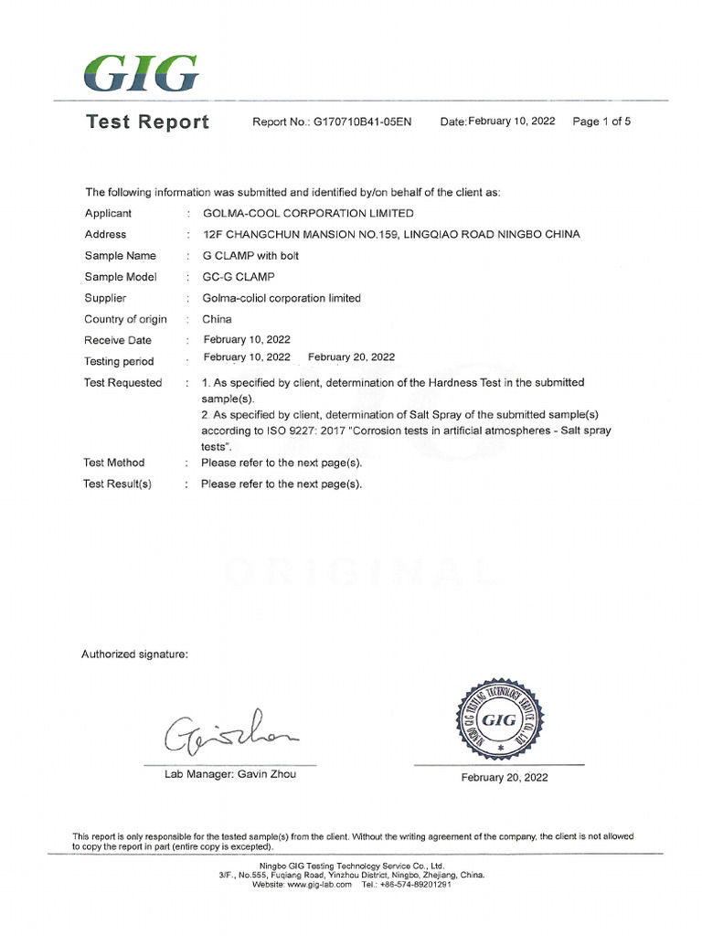 G-Clamp Test Report | PDF