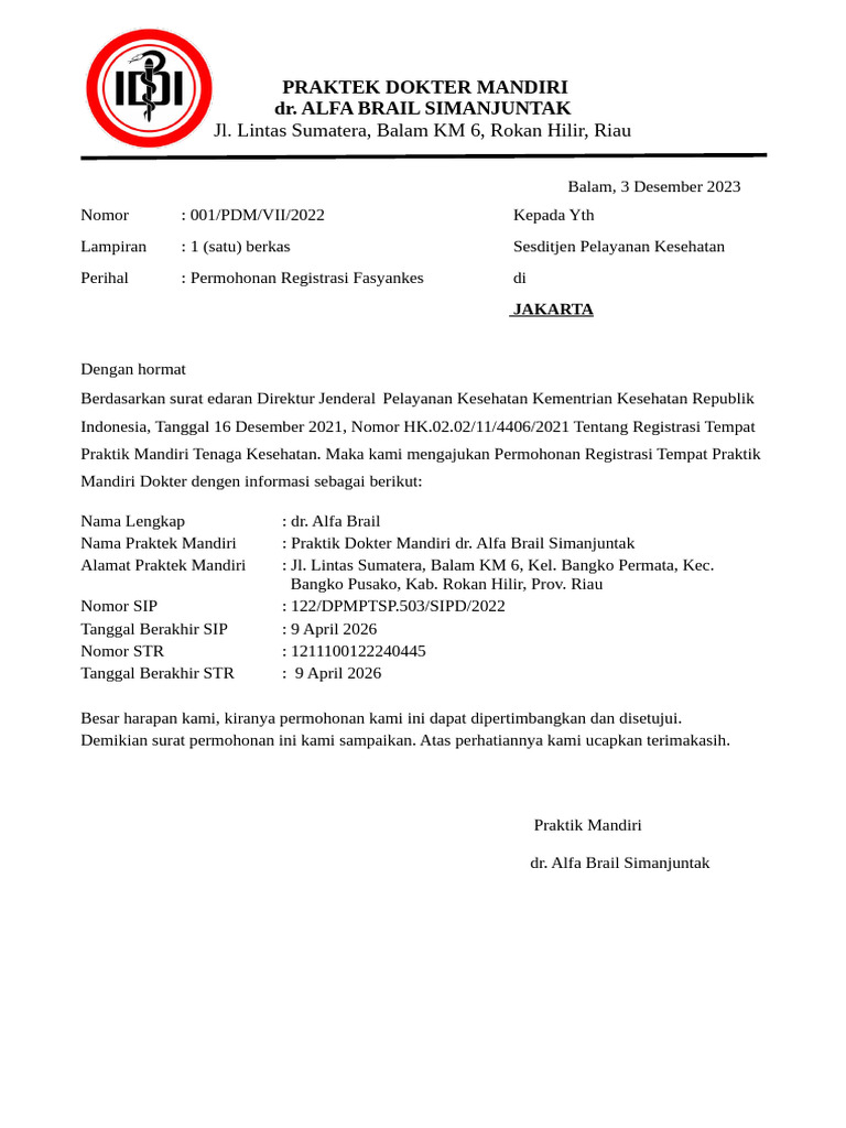 Surat Permohonan Registrasi Fasyankes | PDF