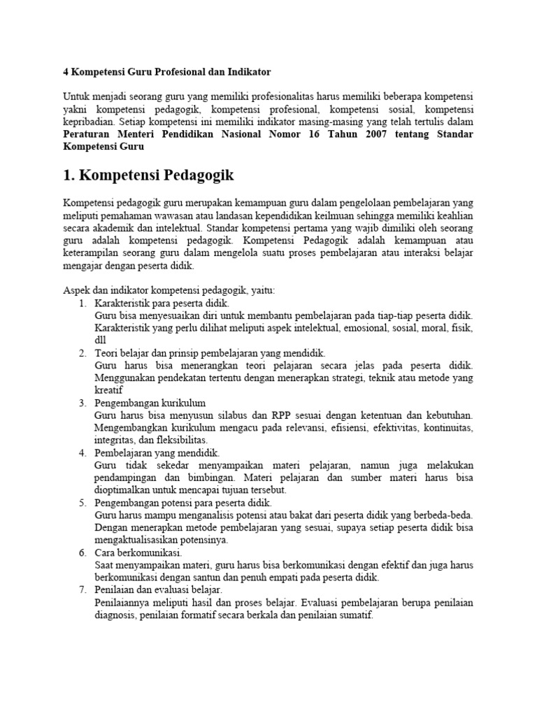 4 Kompetensi Guru Profesional Dan Indikator | PDF