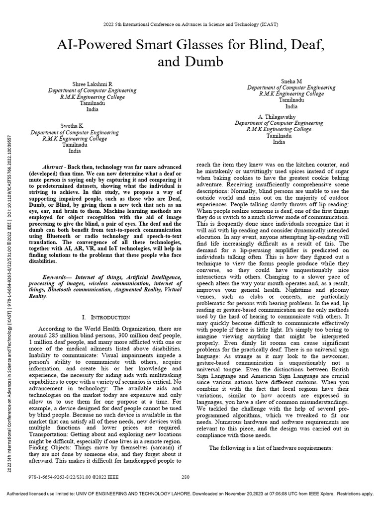 AI-Powered Smart Glasses For Blind Deaf and Dumb | PDF | Analog To ...