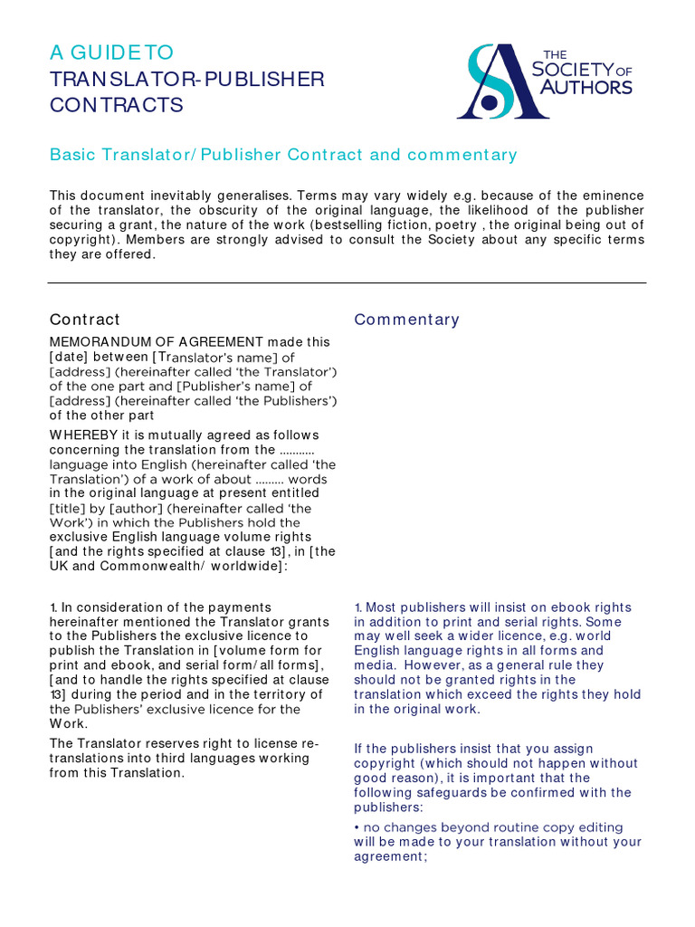 Guide To Translator Publisher Contracts | PDF | Royalty Payment | Copyright