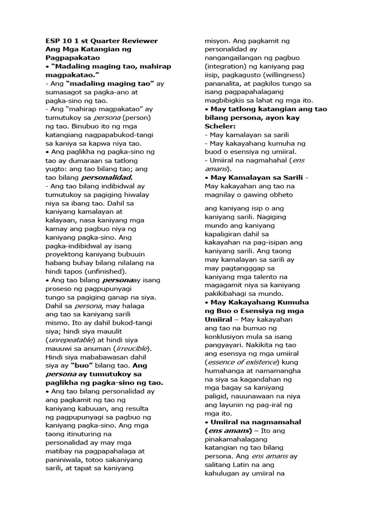 ESP 10 1 ST Quarter Reviewer | PDF