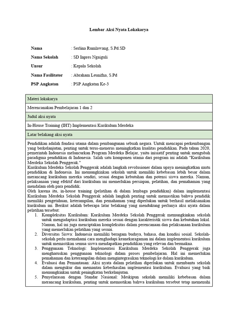 Lembar Aksi Nyata Lokakarya | PDF