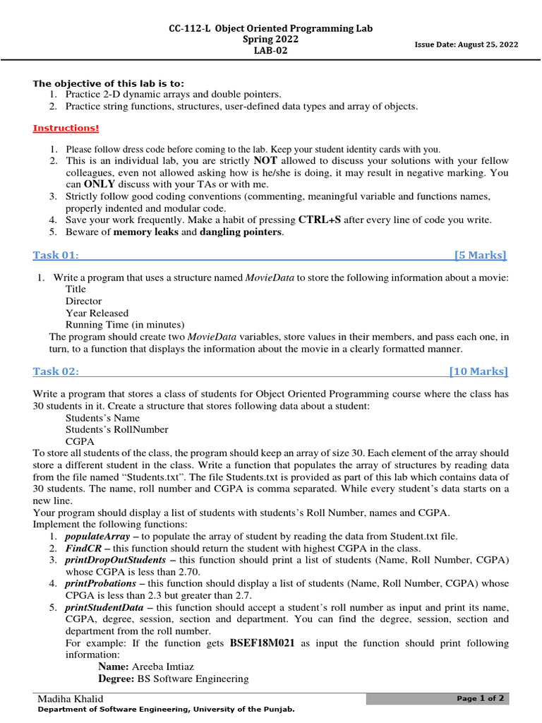 Lab 02 Structs Pdf Pointer Computer Programming Variable Computer Science