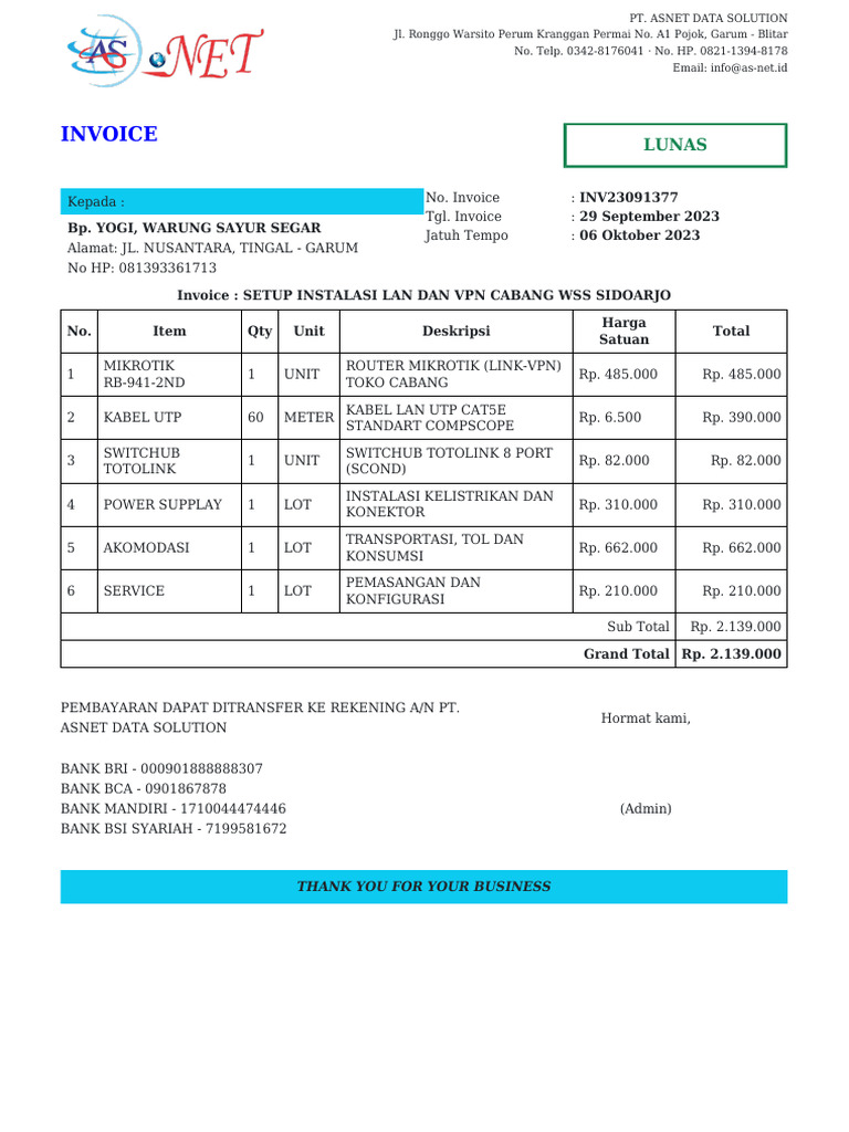 Invoice Jasa Internet PT Asnet | PDF