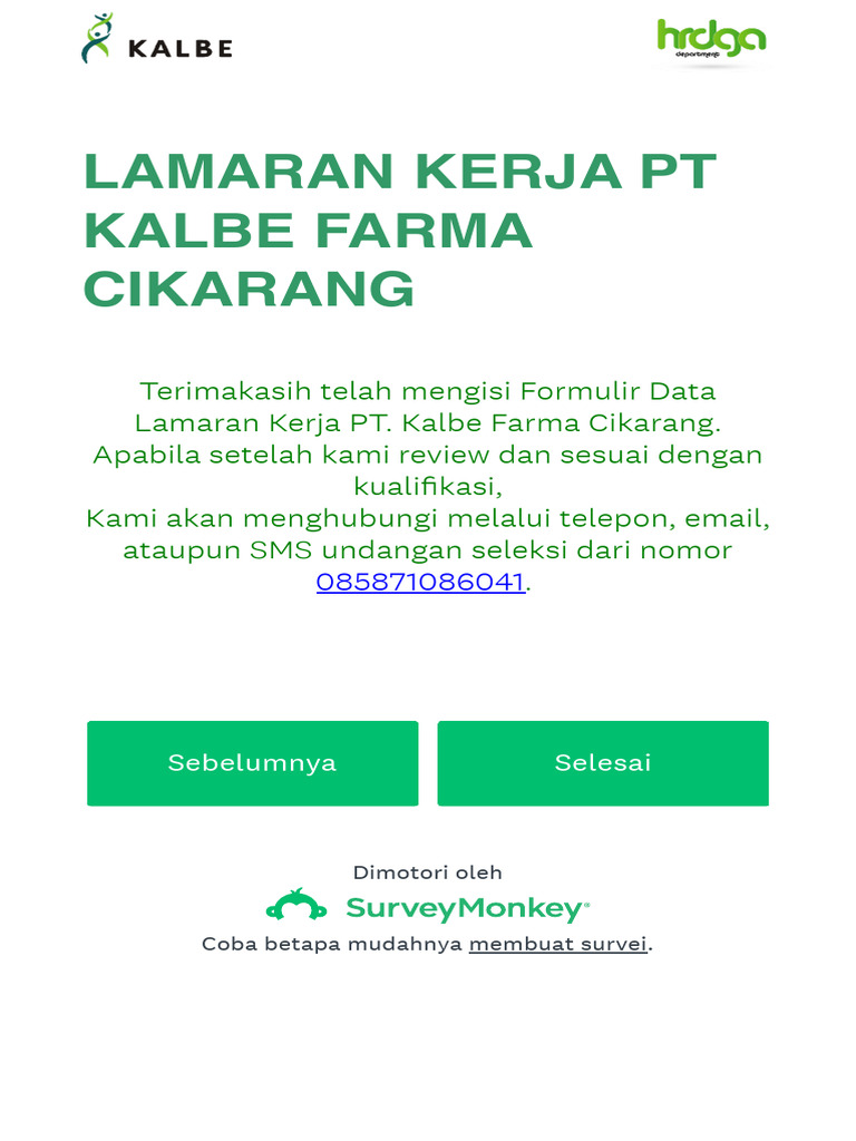 Lamaran Kerja PT Kalbe Farma Cikarang Survey | PDF