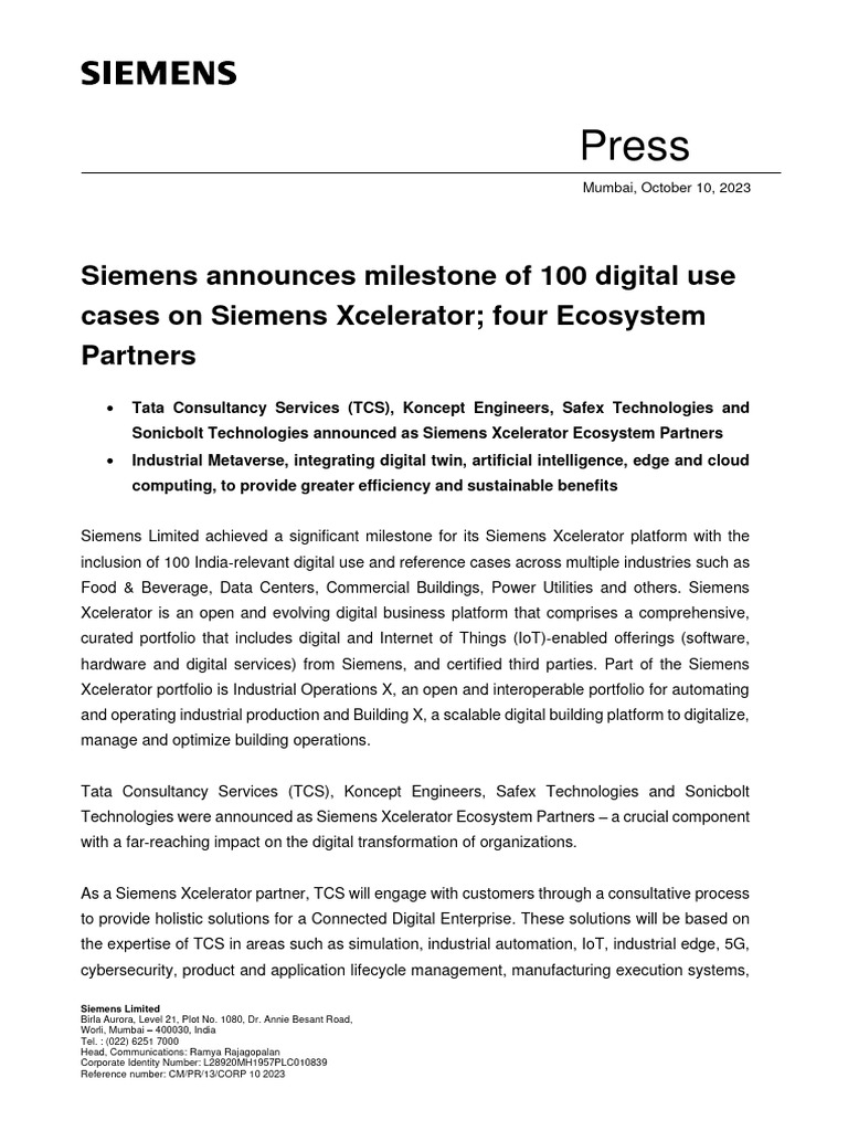 Press Release Siemens Announces Milestone of 100 Digital Use Cases On ...