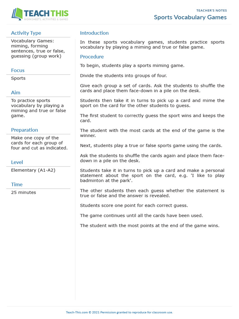 Sports Vocabulary Games | PDF | Sports