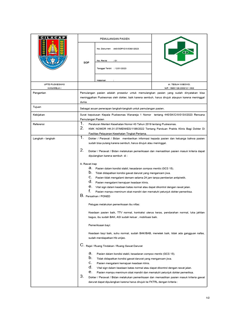 Revisi Sop Pemulangan Pasien | PDF | Kesehatan Holistik | Sains & Matematika