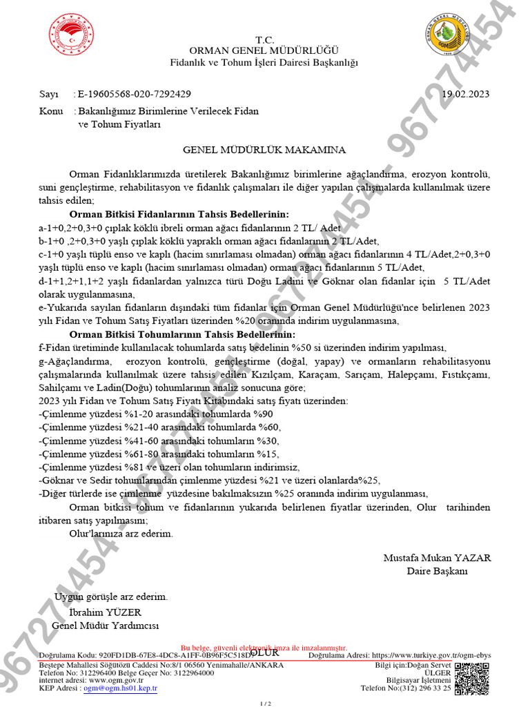 Bakanlığımız Birimlerine Verilecek Fidan | PDF