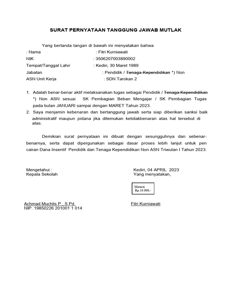 Surat Pernyataan Tanggung Jawab Mutlak | PDF