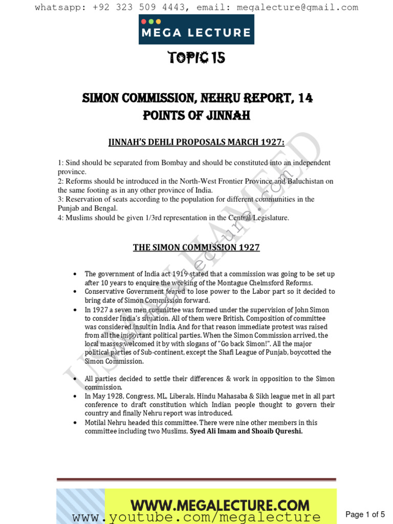 Hist Topic 15 Simon Commission Nehru Report 14 Points of Jinnah | PDF | Muhammad Ali Jinnah ...