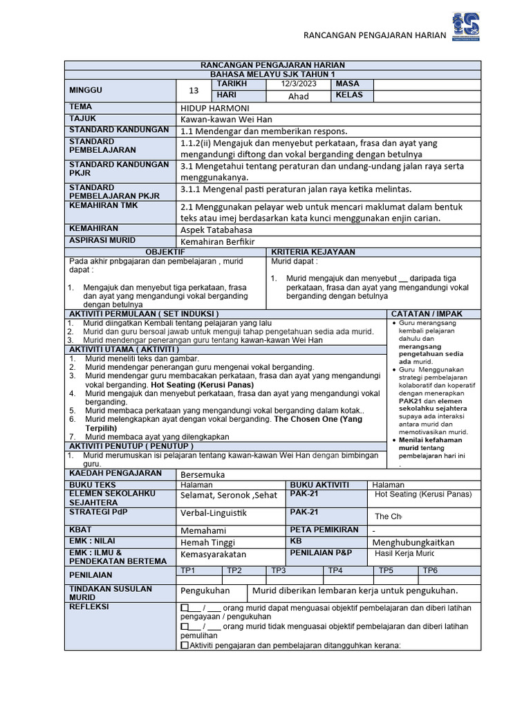 RPH Minggu 13 BM SJK THN 1 2023 by Cikgu Gorgeous | PDF | Karier & Perkembangan | Seni ...