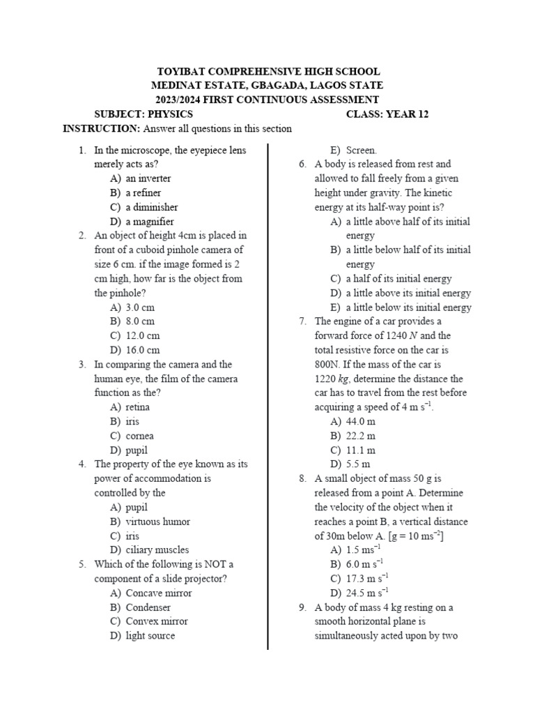 Physics Assessment for Year 12 Students | PDF | Acceleration | Velocity
