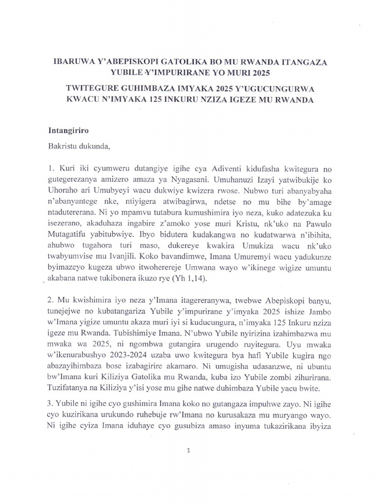Ibaruwa Y'abepisikopi Gatolika Mu Rwanda Itangaza Yubile Y'imyaka 125 ...