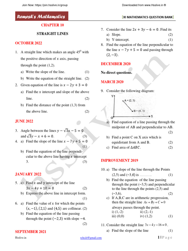 Hsslive-Xi-Maths-Qb-10. STRAIGHT LINES | PDF | Line (Geometry) | Slope