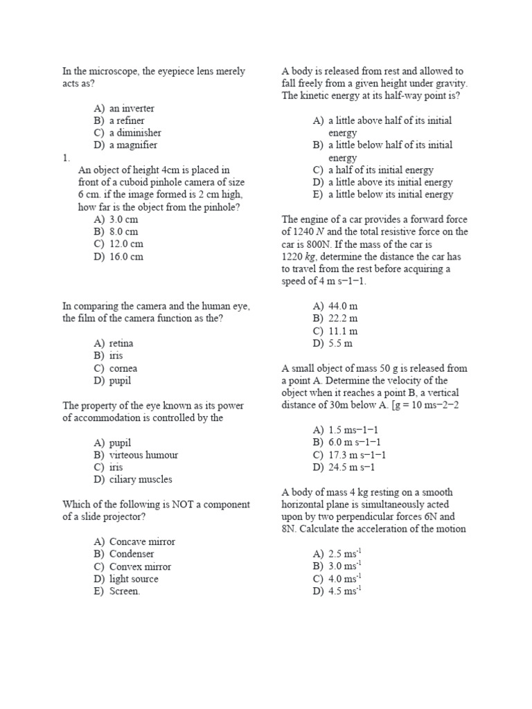 Chemistry Test Questions For SS2 | PDF | Force | Eye