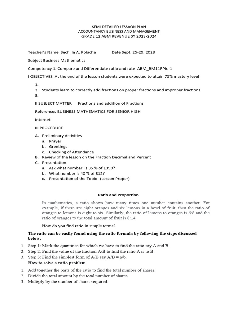 Lesson Plan Business Math Sept 25-29 | Download Free PDF | Ratio ...