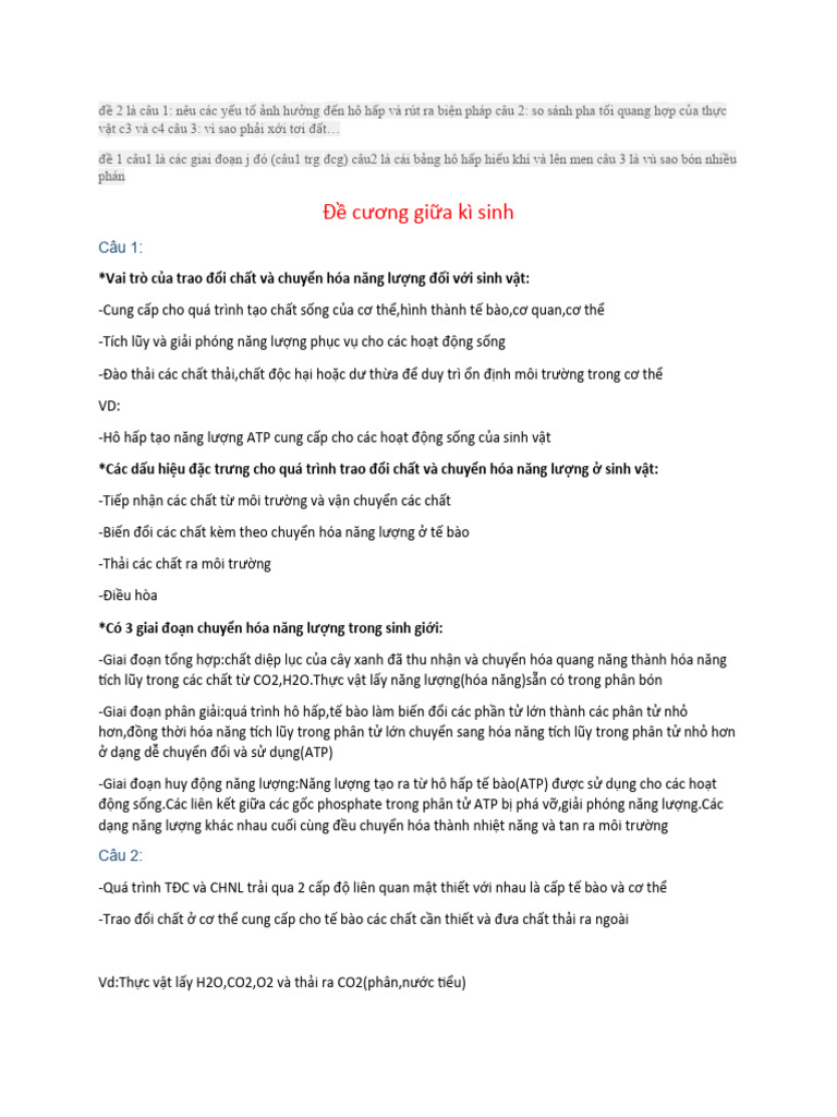 Đề cương giữa kì sinh hk1 | PDF