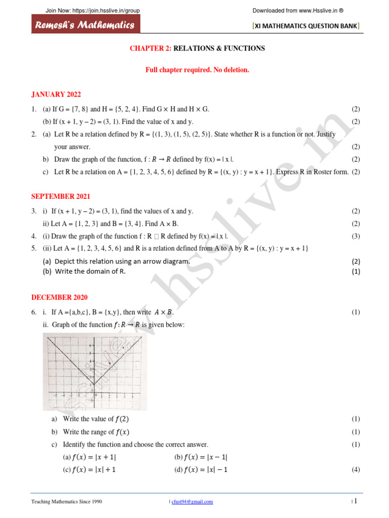 Hsslive Xi Maths QB 2. Relations and Functions | PDF | Function (Mathematics) | Mathematical Logic