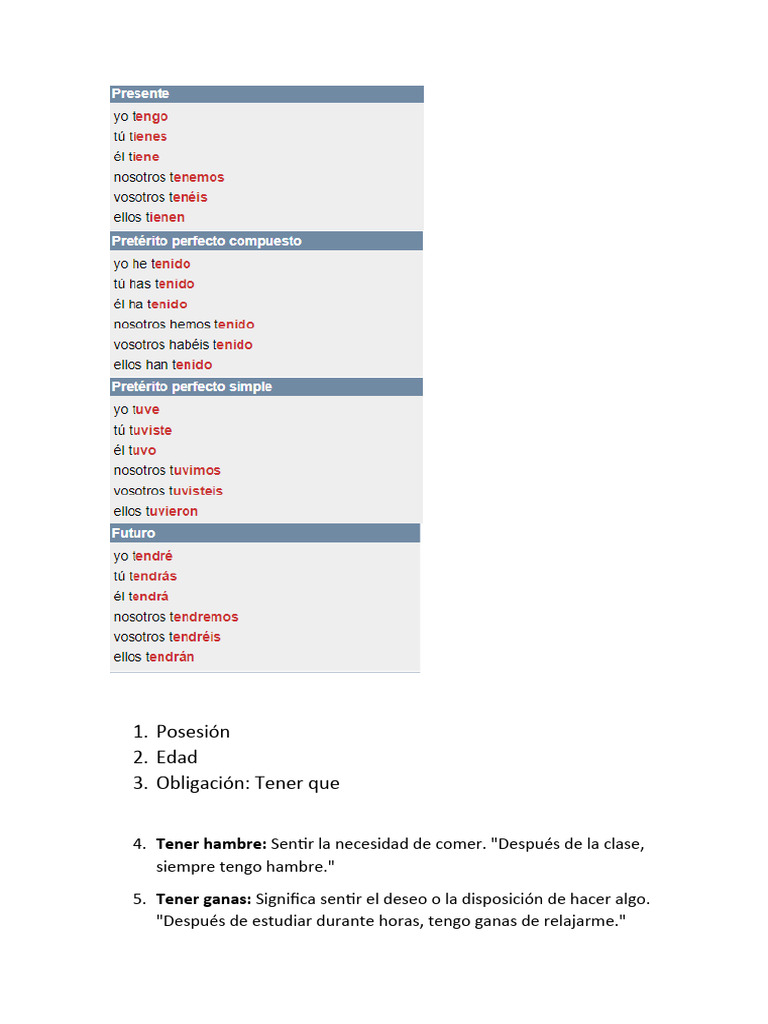 Expresiones con "Tener" en Español | PDF