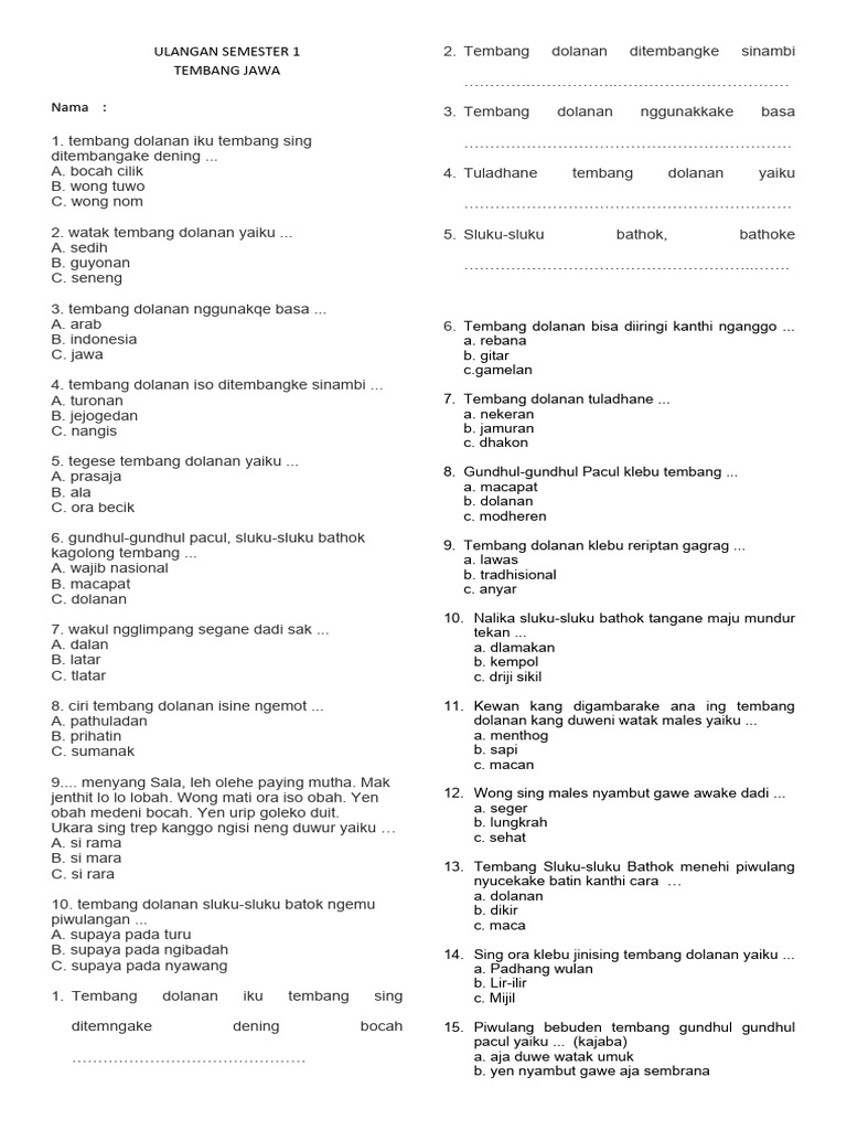 Ulangan Semester 1 Tembang Jawa | PDF | Seni