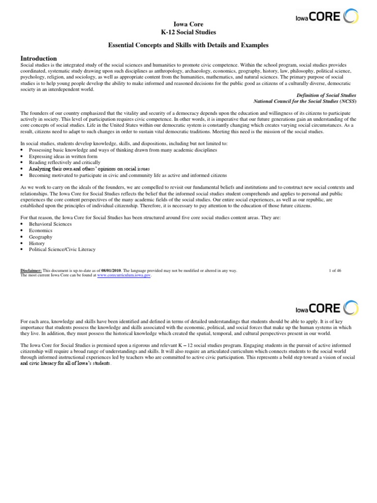Iowa Core - Social Studies Standards | PDF | Social Group | Socialization