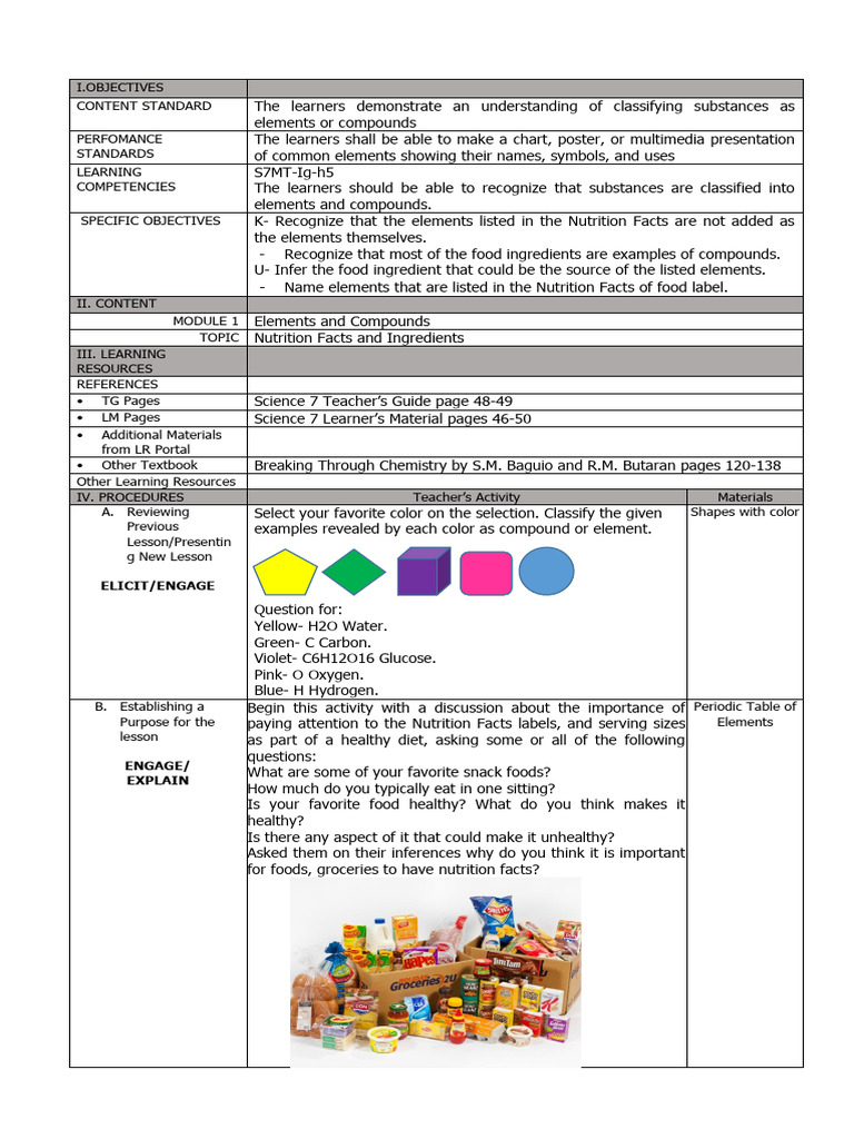 Lesson Plan 4 Elements and Compounds 3 | PDF | Nutrition Facts Label ...