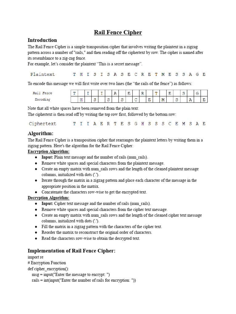 Rail Fence Cipher Program in Python Language | PDF | Encryption | Computer Science