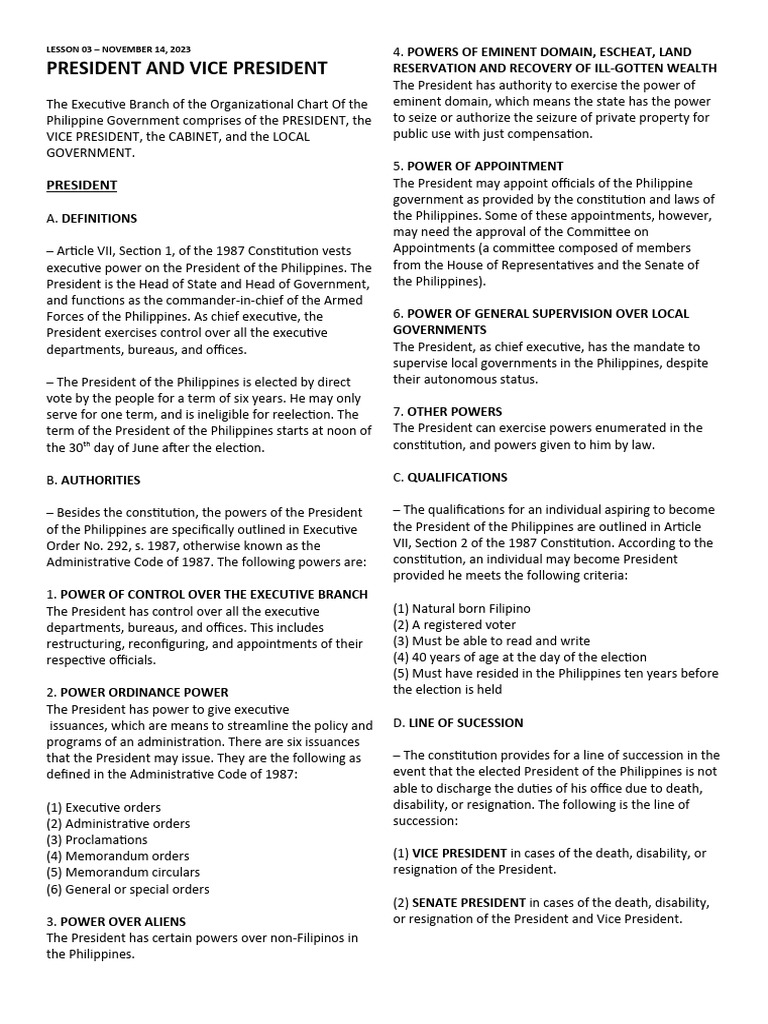 Philippine President and Vice President Roles | PDF | Presidents Of The ...