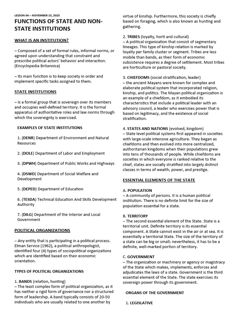 (L04) Functions of State and Non-State Institutions | PDF | State ...