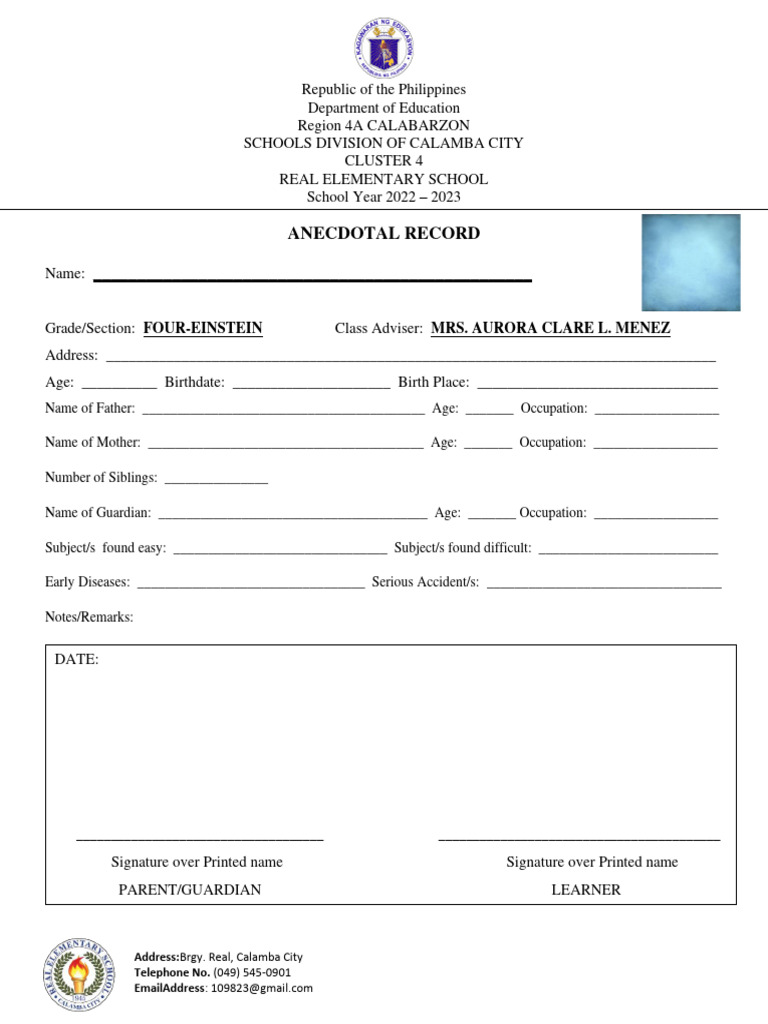 Anecdotal Record - Front | PDF