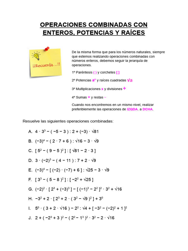 Operaciones Combinadas Con Enteros y Potencias | PDF