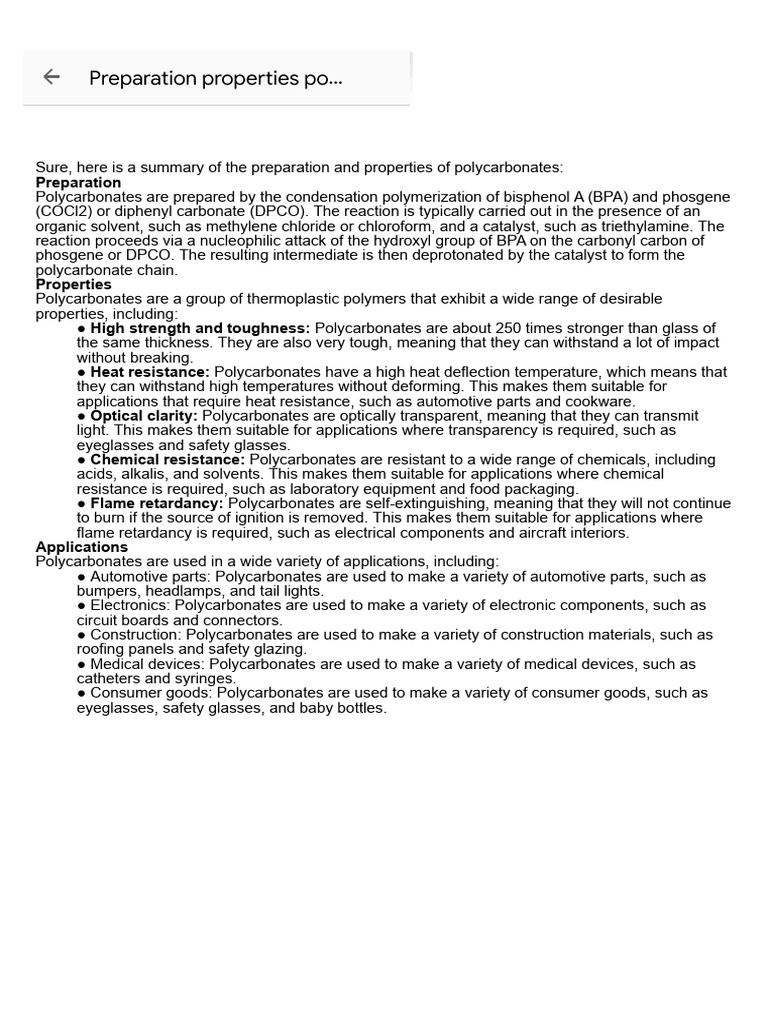 Preparation Properties Polycarbonates | PDF | Chemistry | Organic Chemistry